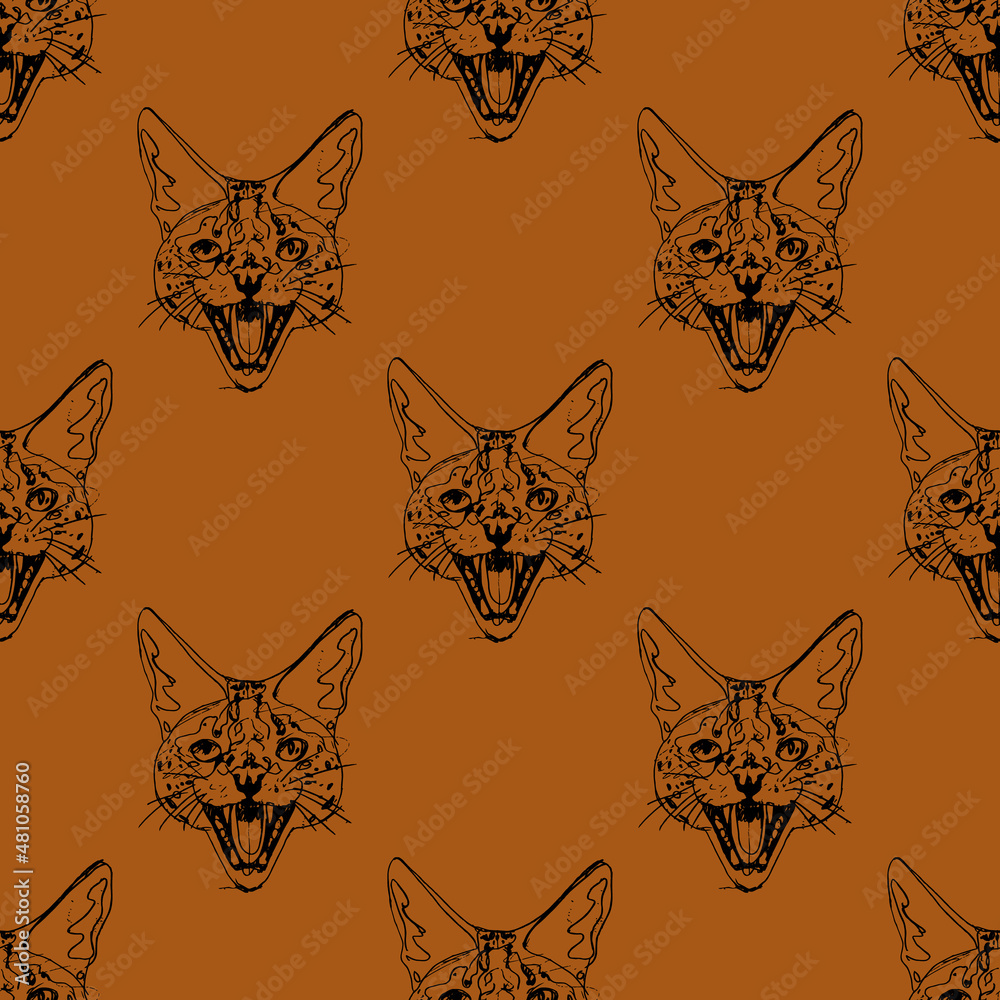 Vecteur Stock Seamless animal pattern with heads of angry serval cat ...