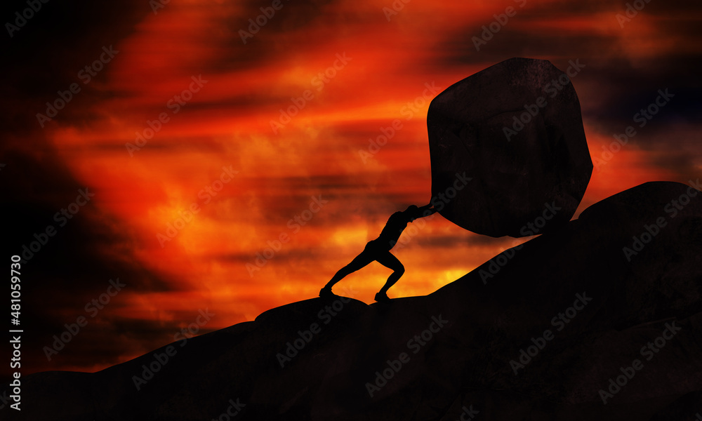 Man Pushing Rock Up Hill
