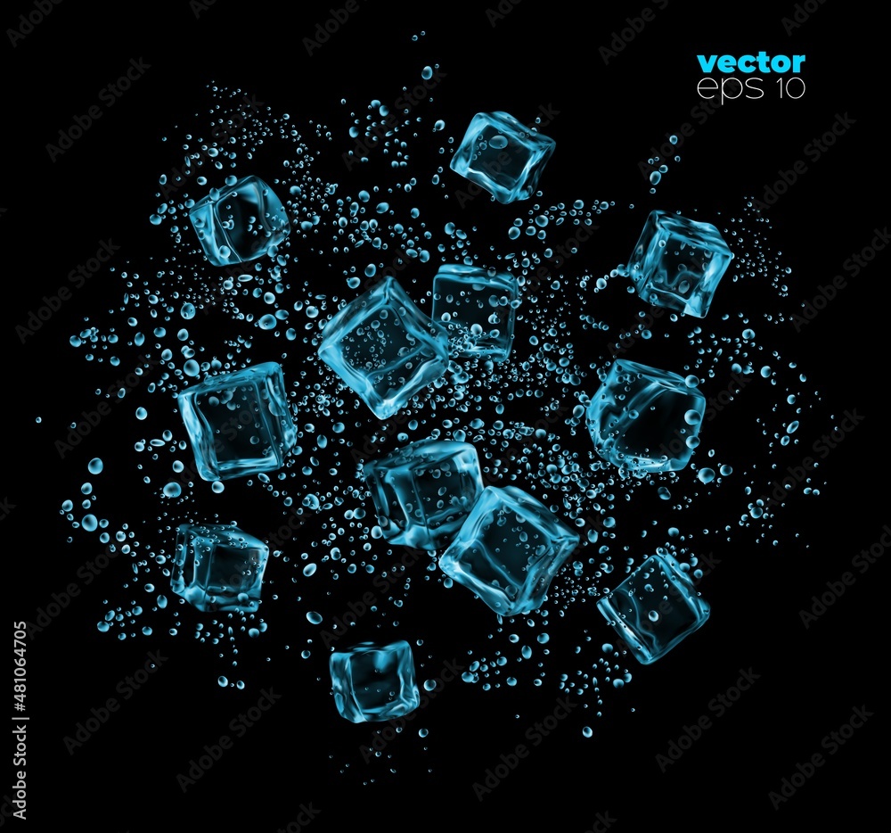 Ice cubes and water drops, blue frozen crystal cubes and water splash ...