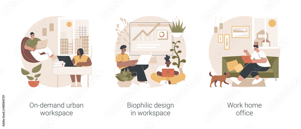 Workplace organization abstract concept vector illustration set. On ...