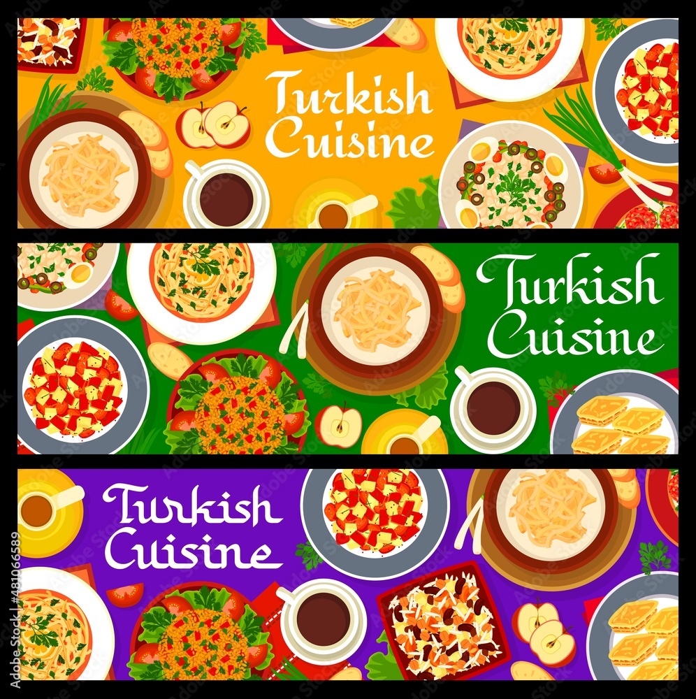 Turkish cuisine meals banners with food dishes of Turkey, vector ...