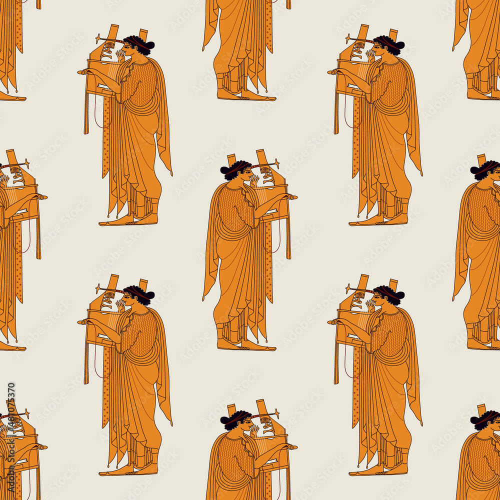 Seamless ethnic pattern with ancient Greek god Apollo playing lyre ...