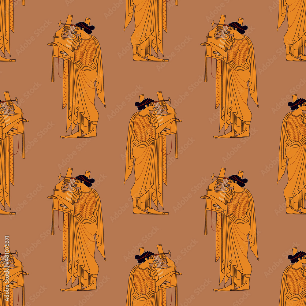 Seamless ethnic pattern with ancient Greek god Apollo playing lyre ...