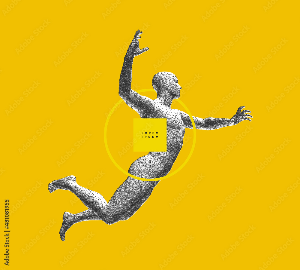 Leadership, freedom or development concept. Jumping man. 3D human body ...