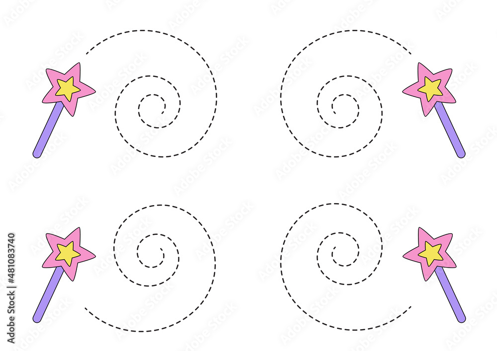 Tracing lines with hand drawn magical wand. Writing practice. Stock ...