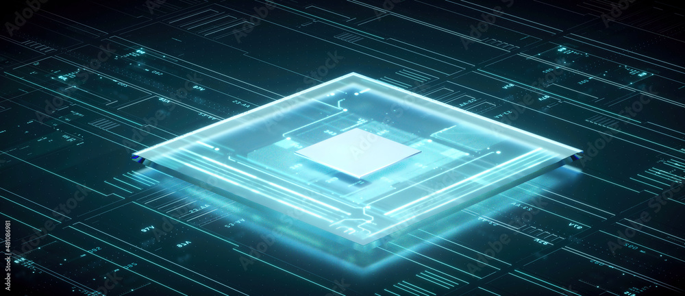 3D rendering of cyberpunk AI. Circuit board. Technology background ...