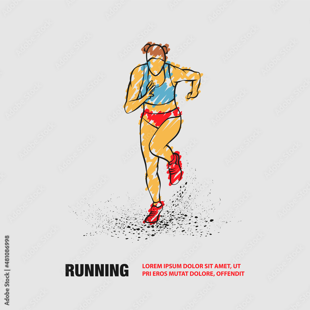 Woman runs, front view. Vector outline of running girl with scribble ...