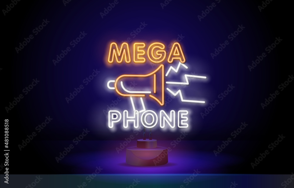 Neon megaphone. Announcement, promotion, advertising design. Night ...