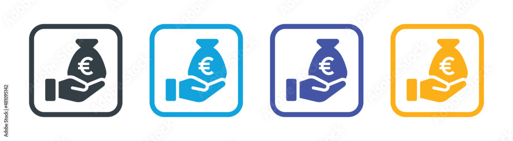 Hand holding euro money bag icon. Income and salary icon set. Stock ...