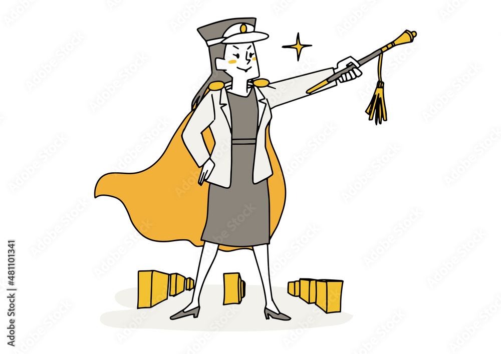 Vetor de 指揮官の格好をしたビジネスウーマン 強いリーダーシップ 温かみのある手描きの人物イラスト 白バックに do Stock ...