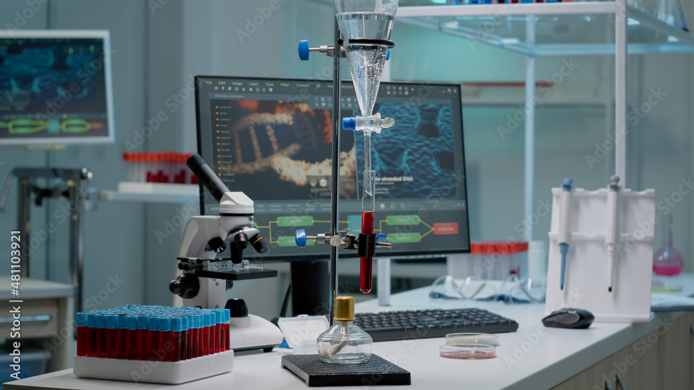 Chemical experiment with test tube in laboratory used for scientific ...