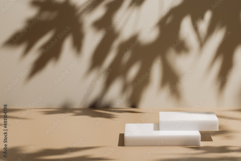 Abstract minimal nature scene - empty stage and white podium on beige ...