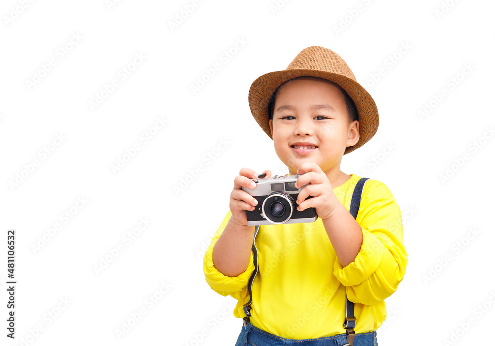 Cute boy having fun with his vintage camera and going on a trip as a ...