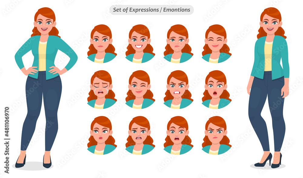 Collection of young woman facial expressions. Set of girl emotions ...
