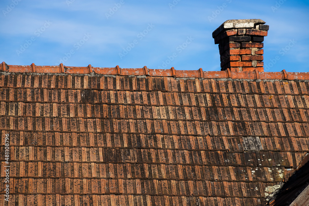 Seamless roof texture of flat red shingles with embedded line patterns ...