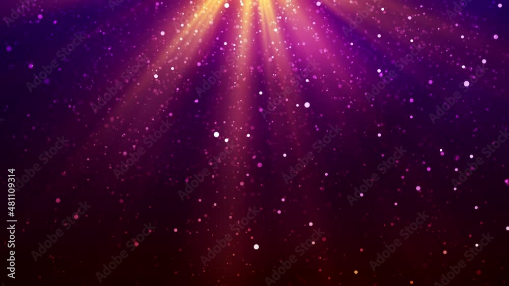 Magic light rays with flying particles of dust on purple background ...