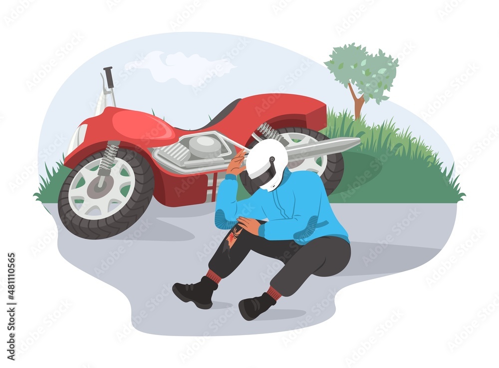 Motorcycle accident, flat vector illustration. Injured motorcyclist ...