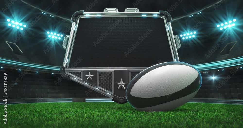 Rolling rugby ball and steel shield with empty space for advertisement ...