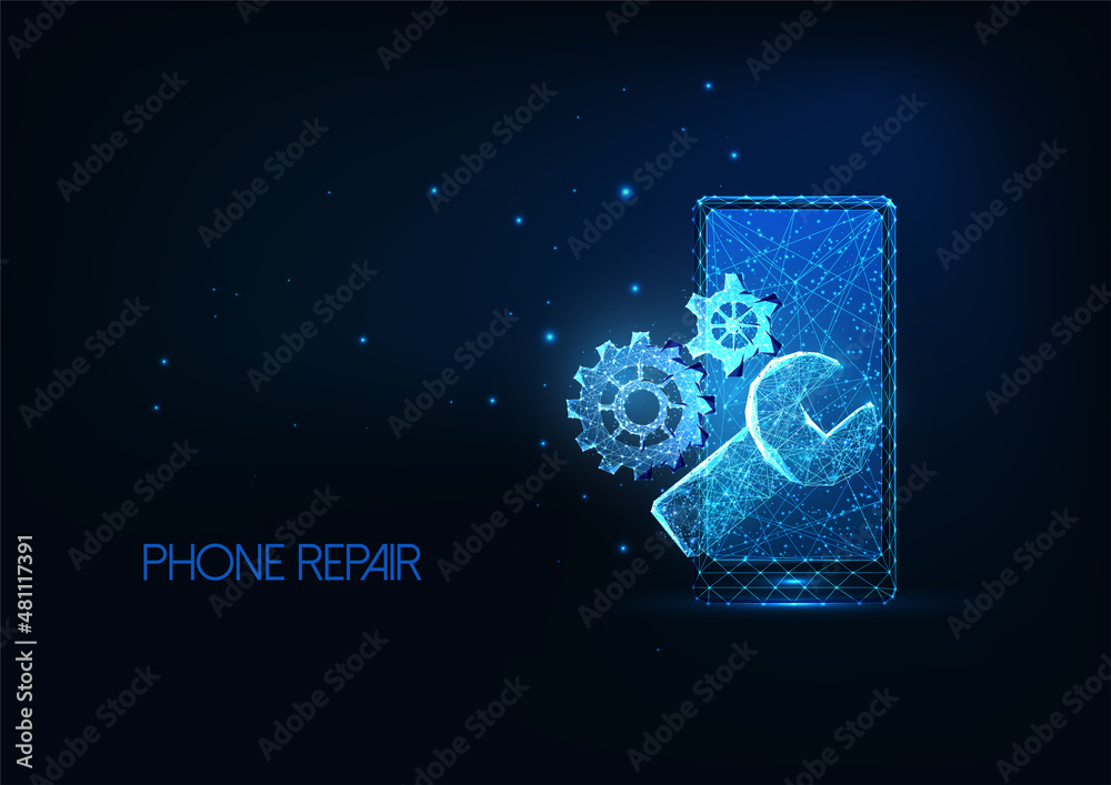 Futuristic phone repair service concept with glowing low polygonal ...