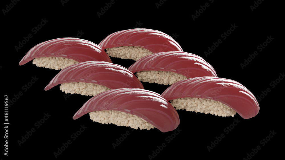 Maguro Nigiri (Tuna Sushi) arranged in a classic offset array of 6 ...