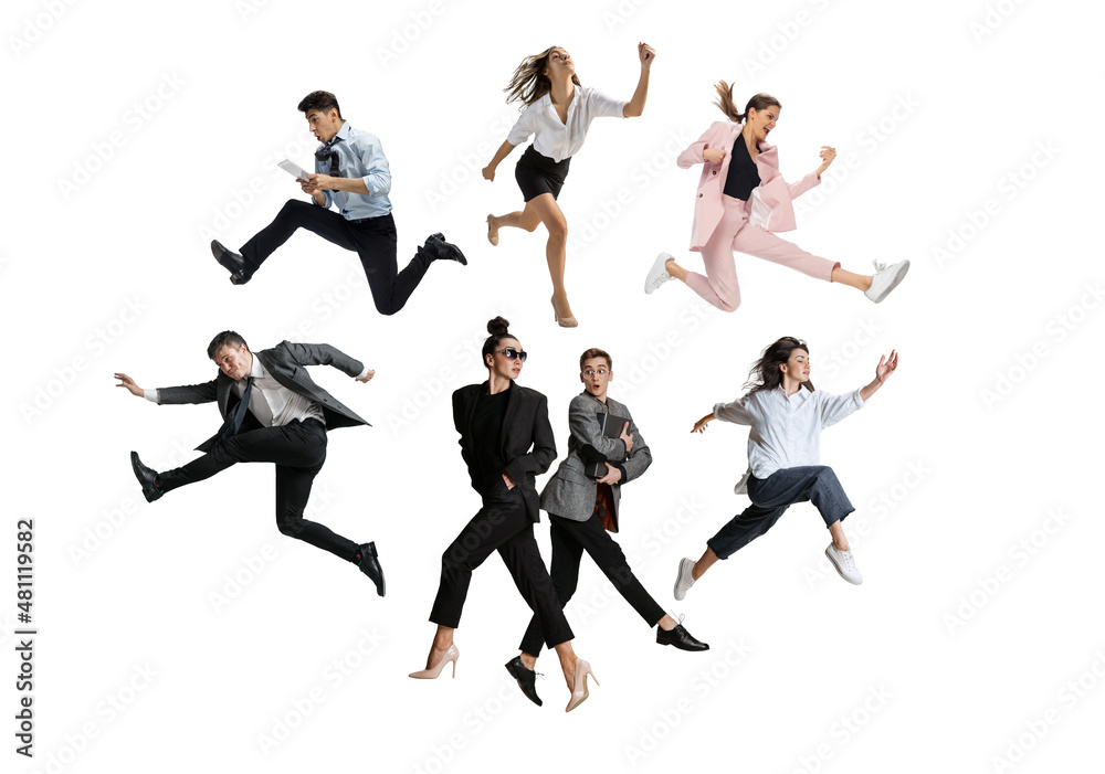 Male and female office workers jumping and dancing in casual and ...