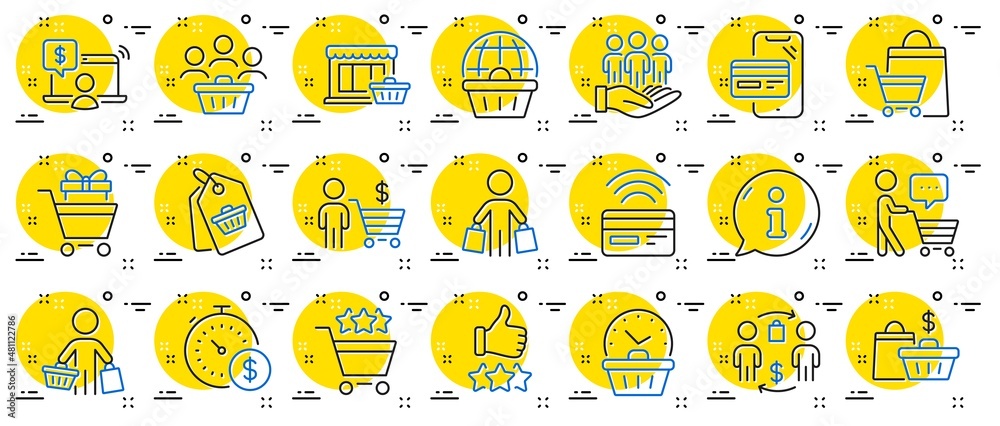 Buyer customer line icons. Contactless payment card, shopping cart and ...