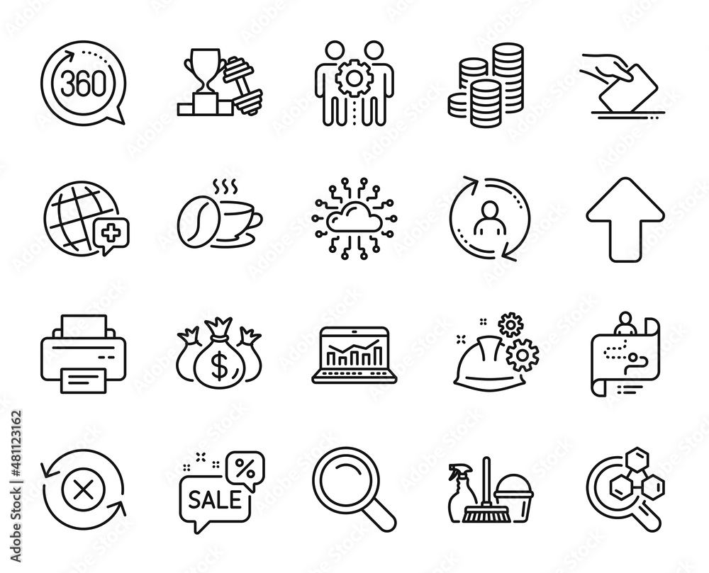 Vector set of User info, Coffee cup and Printer line icons set. Dumbbell, Household service and ...