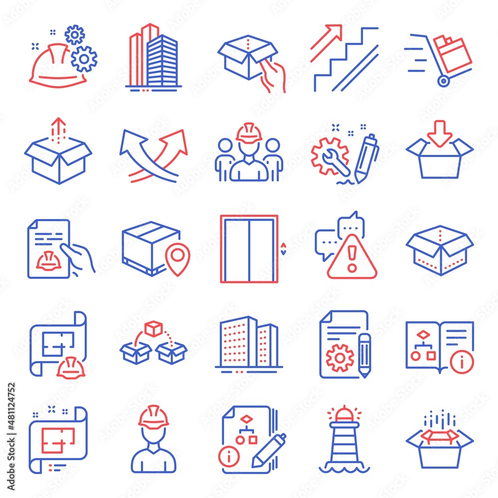 Industrial icons set. Included icon as Push cart, Buildings, Lighthouse signs. Warning ...