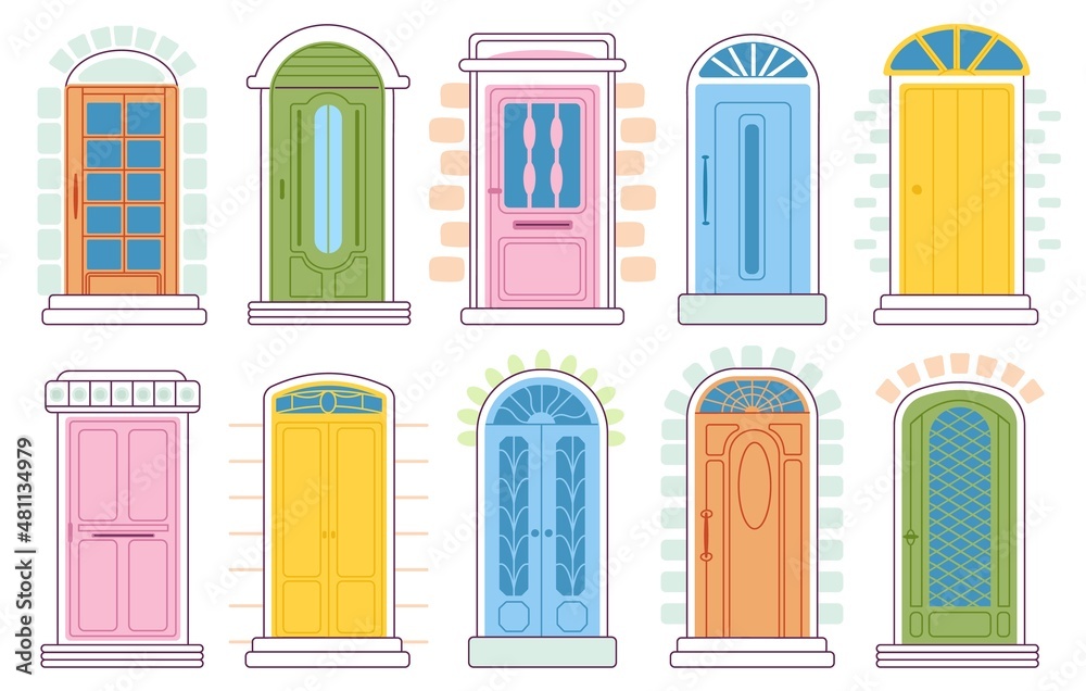 Cartoon front doors. Retro facade door, buildings front exterior ...