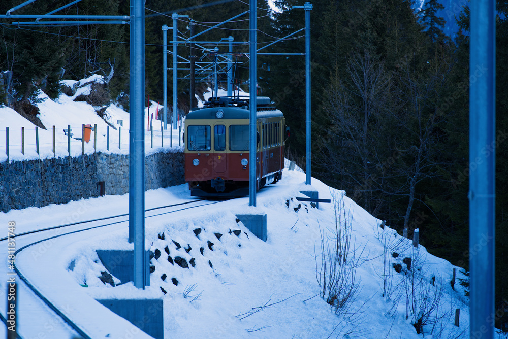 Train of Lauterbrunnen Mürren Mountain Railway LMB between station ...
