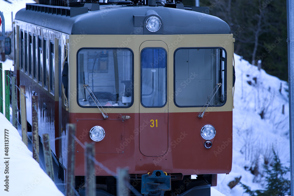 Train of Lauterbrunnen Mürren Mountain Railway LMB between station ...