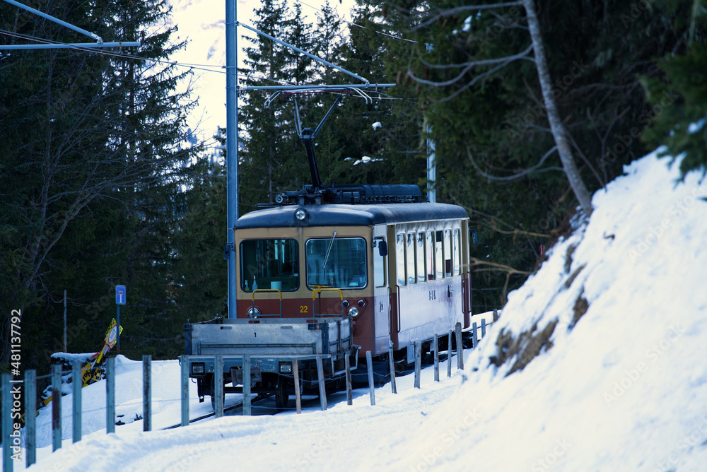 Train of Lauterbrunnen Mürren Mountain Railway LMB between station ...