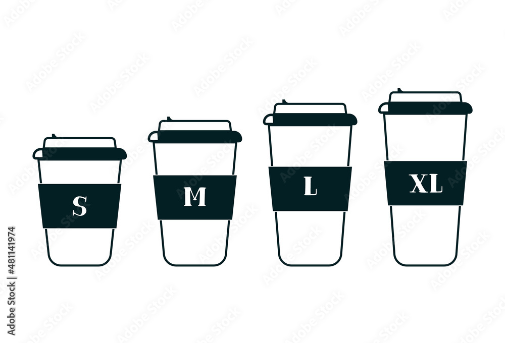 Coffee cup on the size, S, M, L, XL. Vector image line set on flat ...