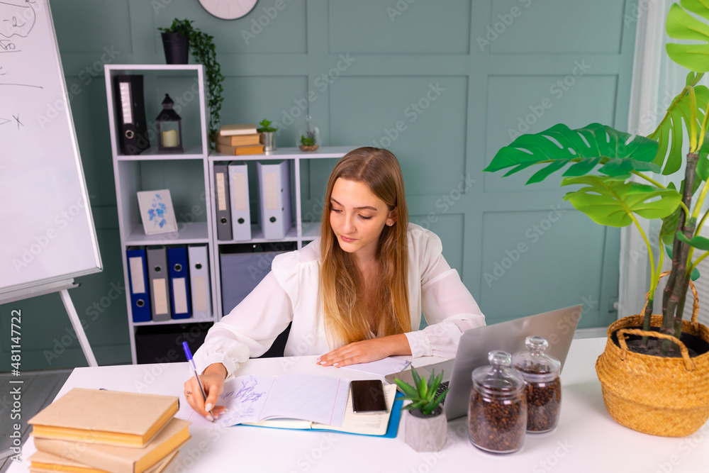 Happy smiling teenage girl student watching learning online video zoom ...