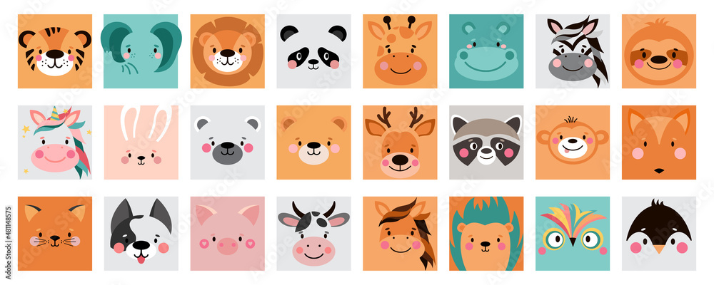Animal square face ui. Cute simple icon set. Memo. Funny cartoon ...