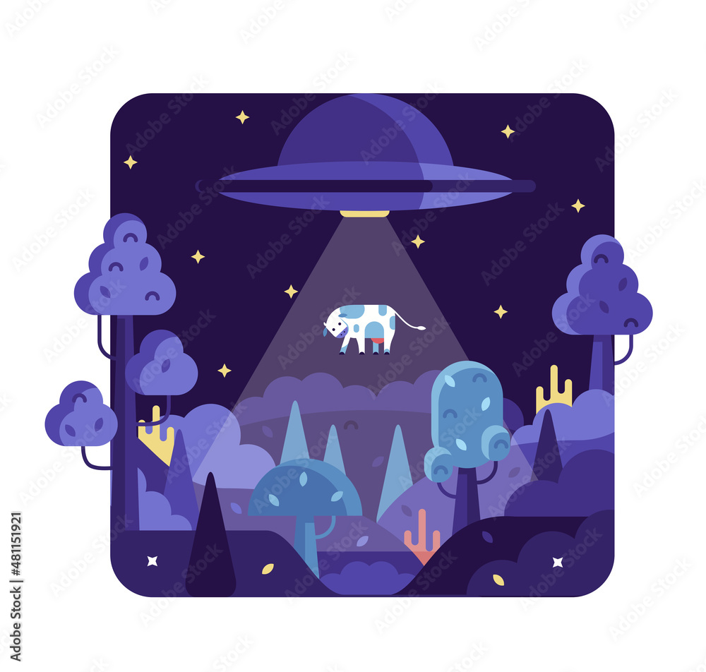UFO lifts a cow into a flying sauser, vector flat cartoon illustration ...