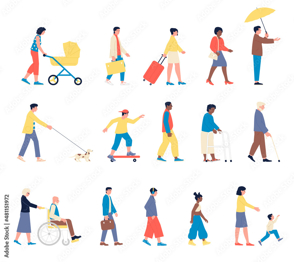 Cartoon people walking street. Person walk, summer activity characters ...