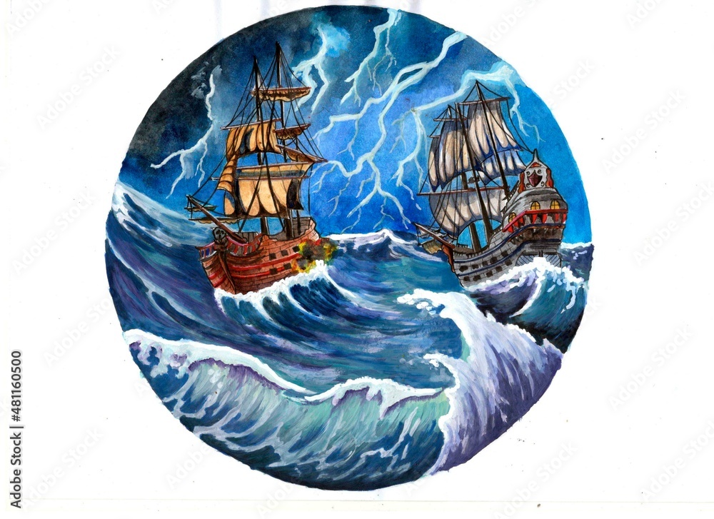 naval battle of ships Stock Illustration | Adobe Stock