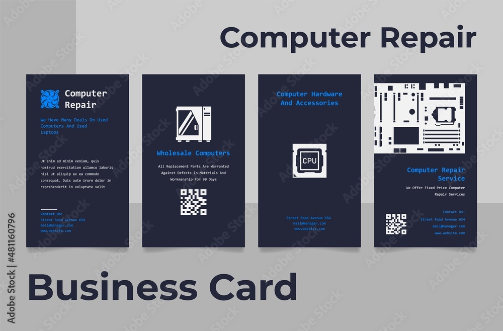 Computer repair business card collection vector flat illustration ...