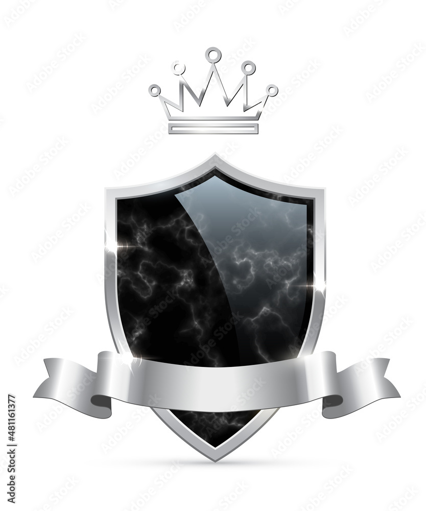 Marble shield with silver frame, crown and ribbon. Heraldic emblems ...