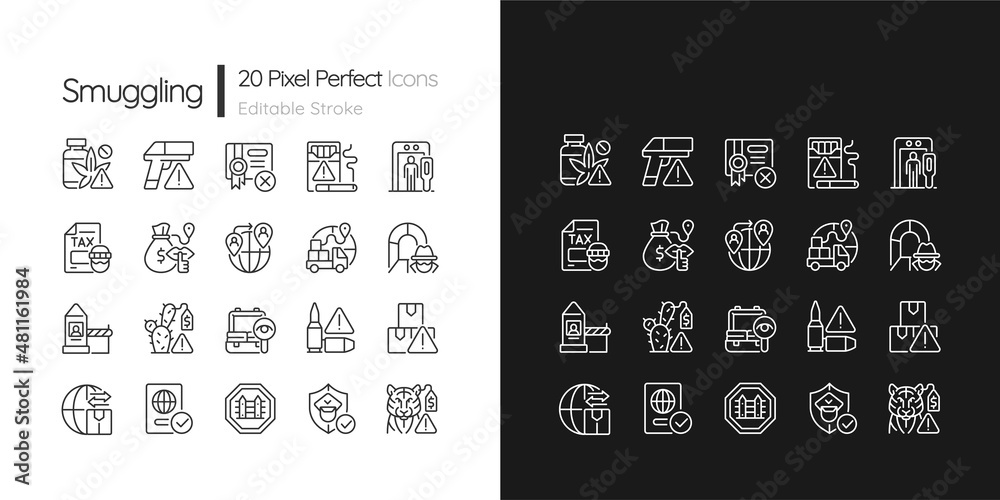 Smuggling linear icons set for dark and light mode. Illicit drug trade ...