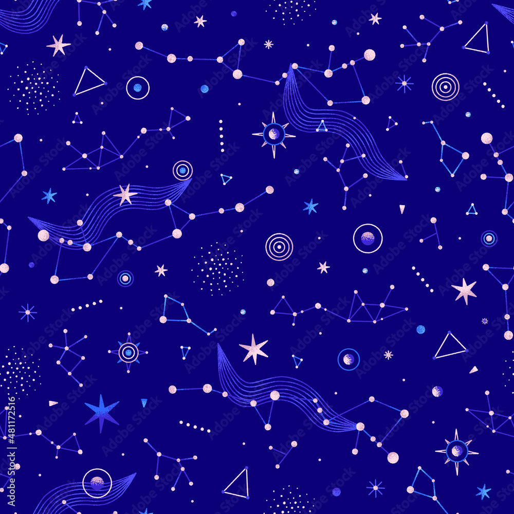 Space seamless patterns of planets, stars, other celestial bodies ...