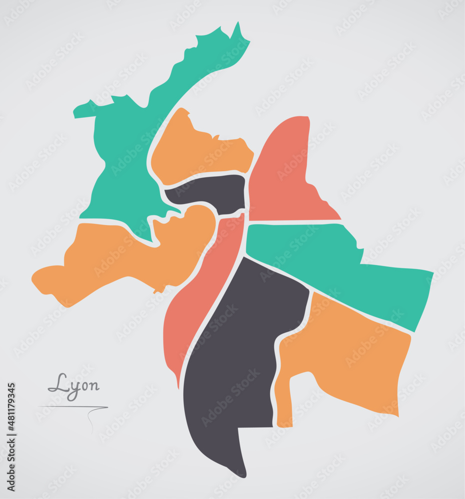 Lyon map with districts and modern round shapes Stock Vector | Adobe Stock
