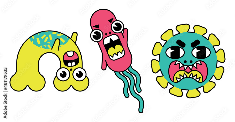 Set of isolated images with bacteria. Cute characters of viruses ...