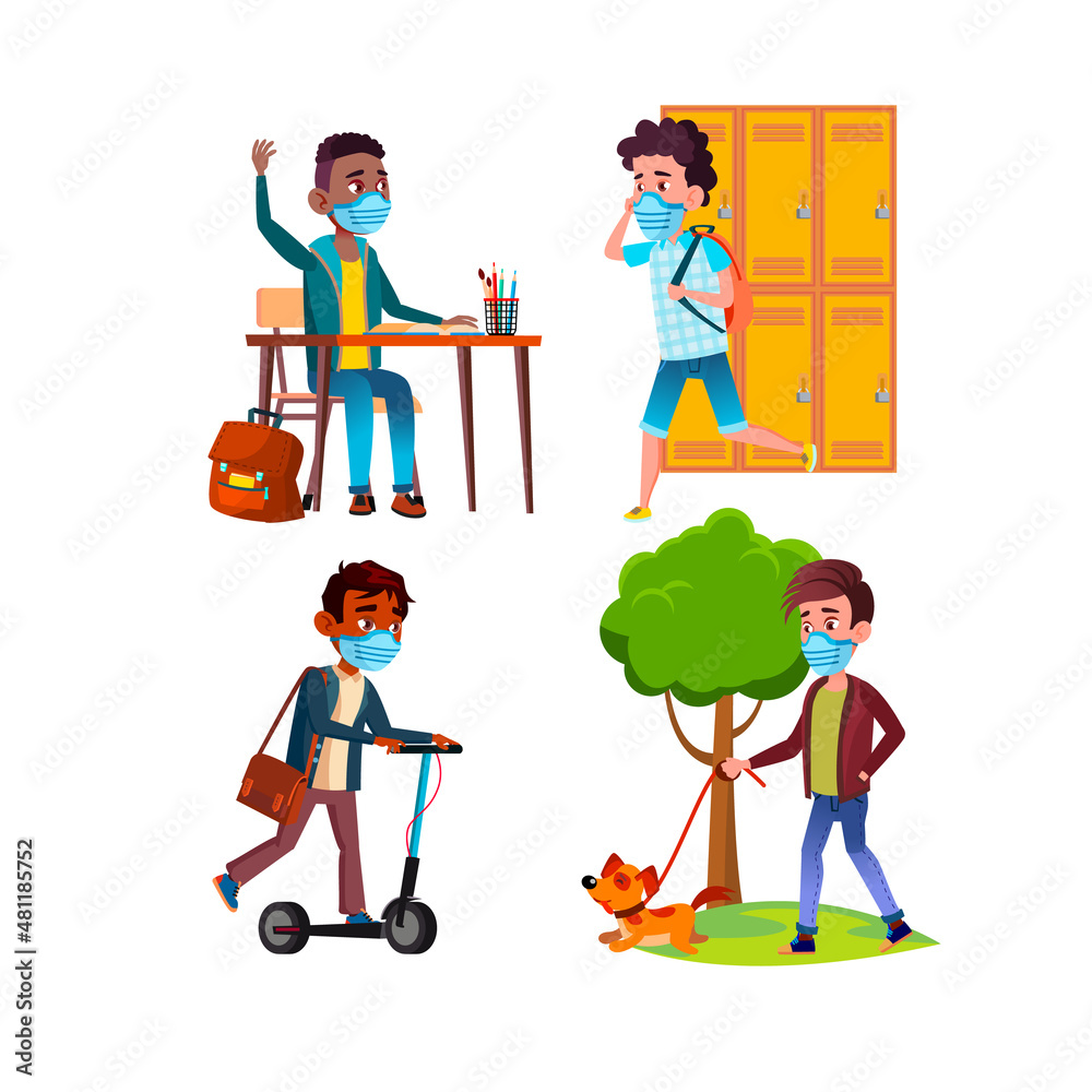 school kid boy wearing mask coronavirus student. pandemic child ...