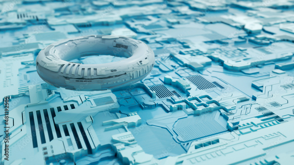 White and light blue abstract high tech structure with a torus object ...