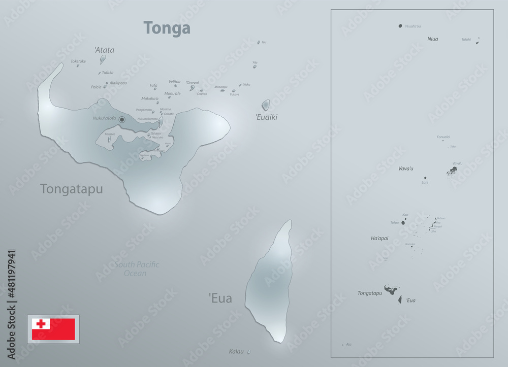 Tonga map, islands with names, design glass card 3D vector Stock Vector ...