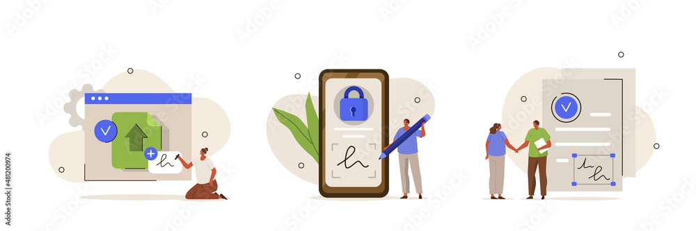 Vetor de Digital signature illustration set. Characters signing legal ...