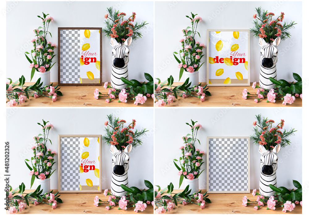 Wooden Vertical Frame Set with Zebra Vase and Flowers Stock Template ...