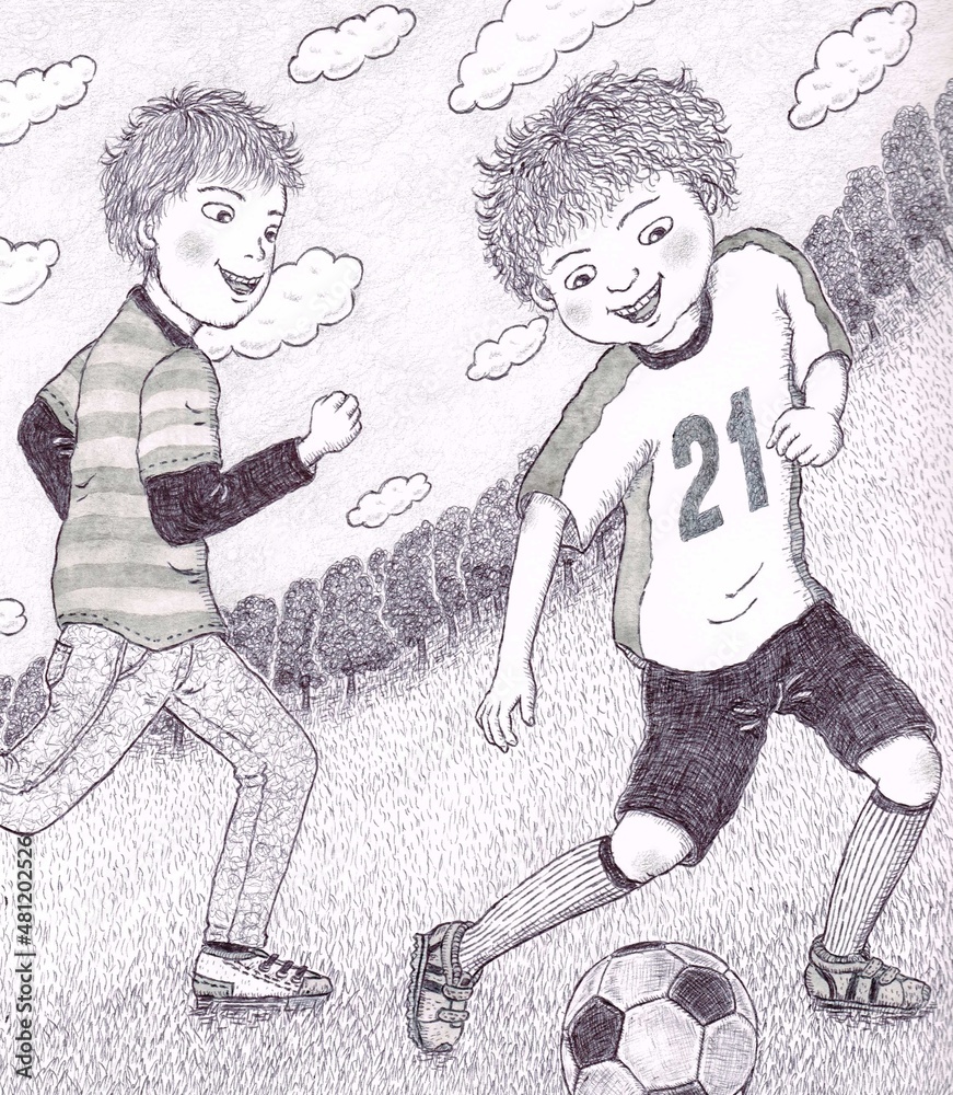 2 boys are playing foot ball, Illustration, Black and White, Pen ...